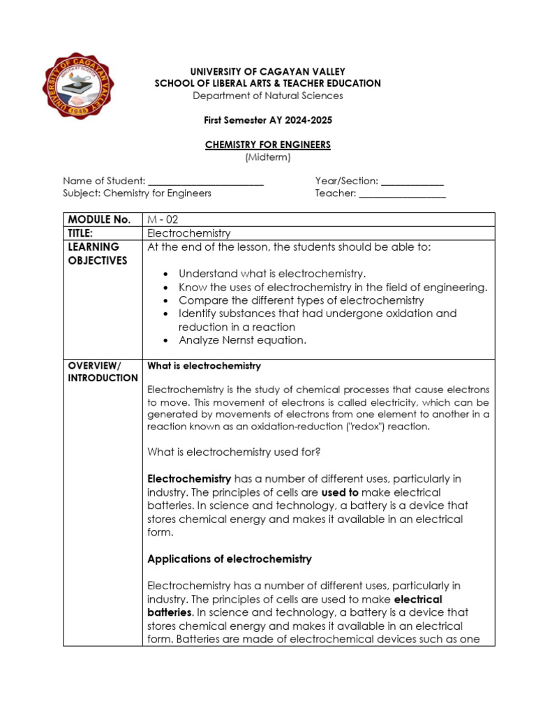 Midterm Module 02 Chemistry For Engineers | PDF | Electrochemistry | Redox