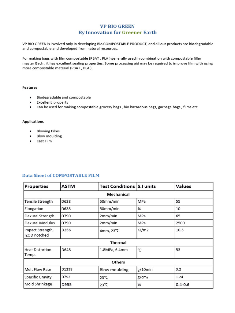 Compostable Film Data Sheet | PDF | Materials Science | Applied And ...