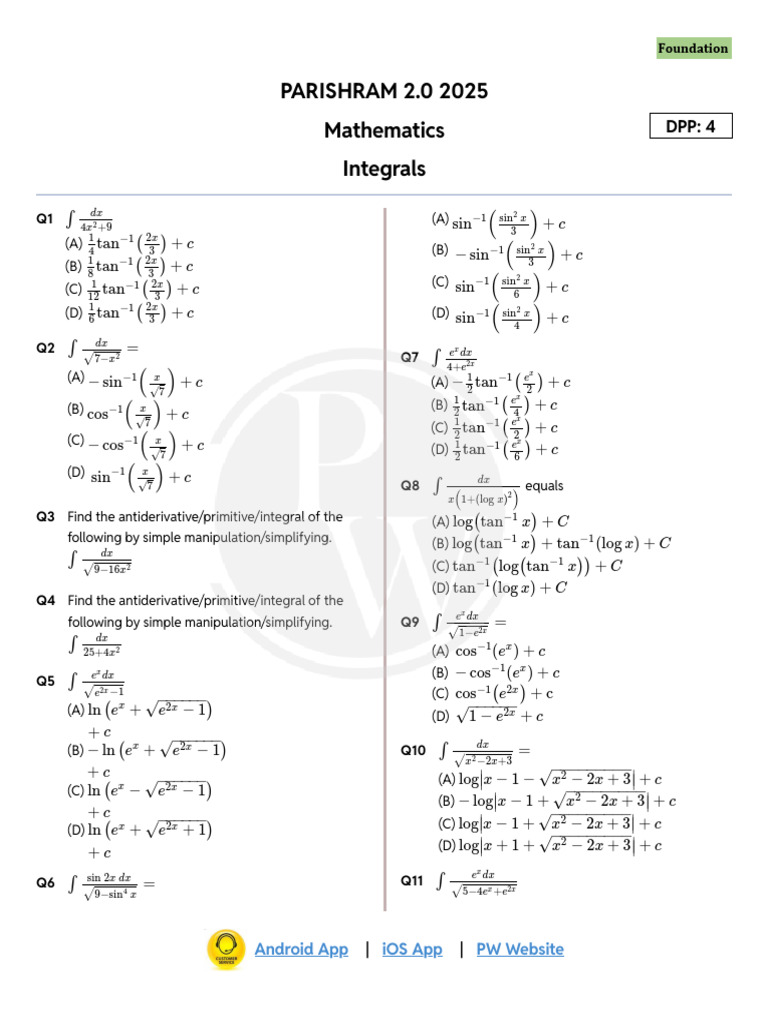 Integrals - DPP 04 - Parishram 2.0 2025 | PDF | Calculus | Area