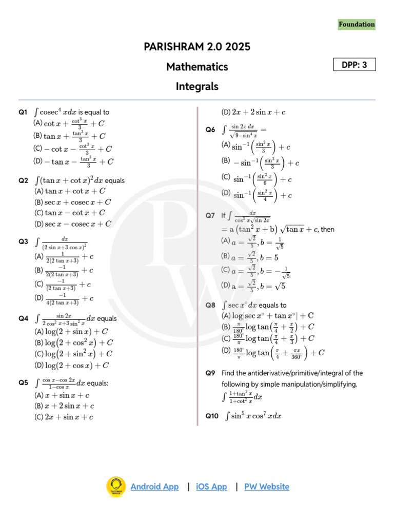 Integrals - DPP 03 - Parishram 2.0 2025 | PDF