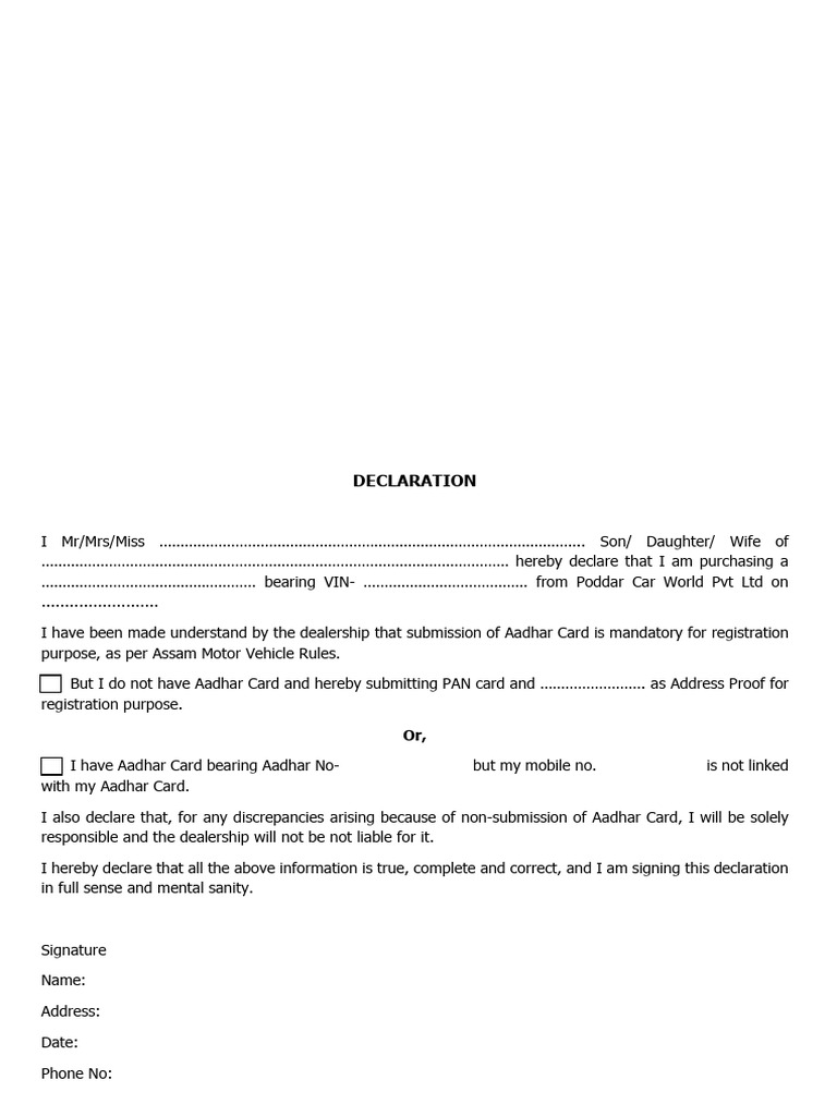 CUSTOMER DECLARATION FOR NON-AADHAR RC | PDF