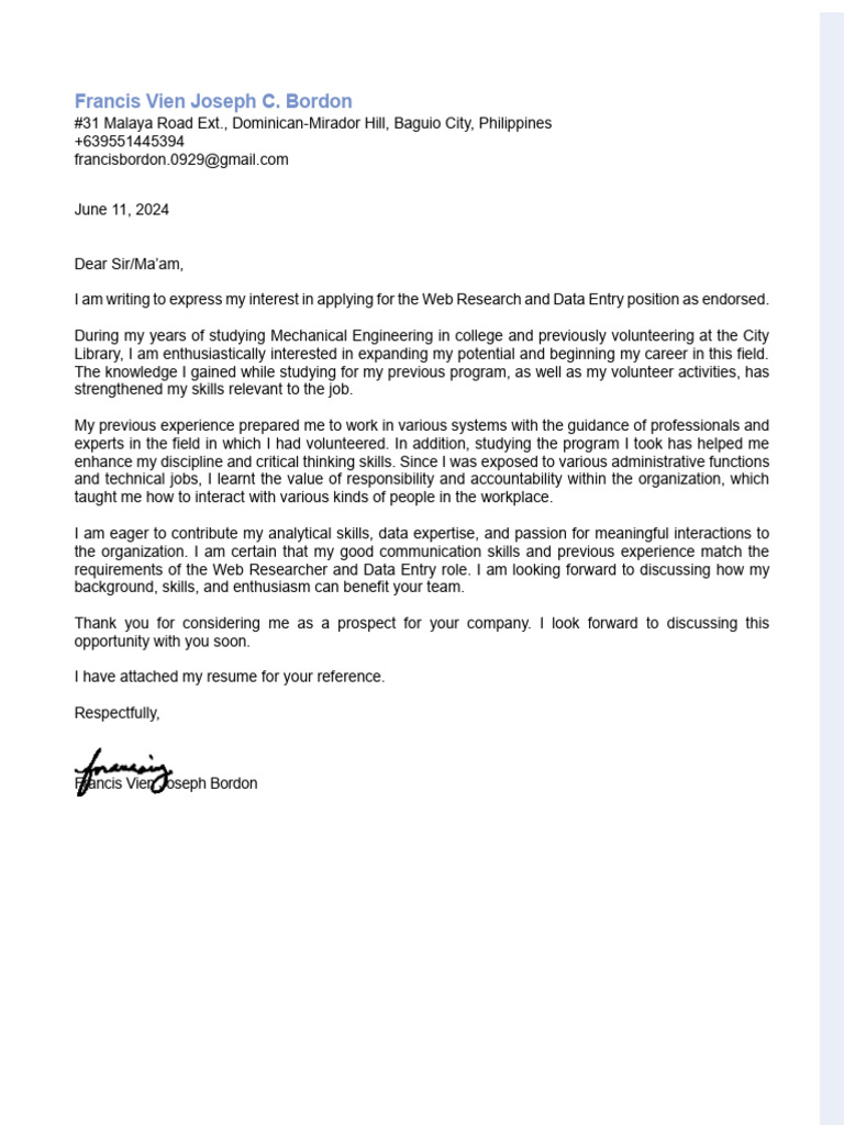 Bordon - Francis Vien Joseph - Cover Letter & Resume | PDF | Learning ...