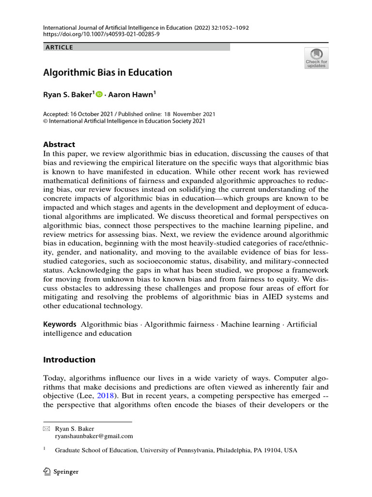 Algorithmic Bias in Education Review | PDF | Machine Learning | Bias