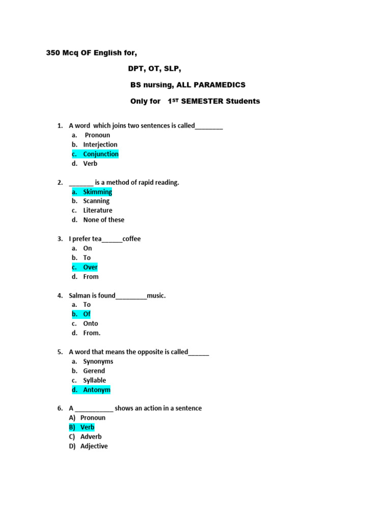 English Important Mcqs of BSN Nursing | PDF | Verb | Adverb