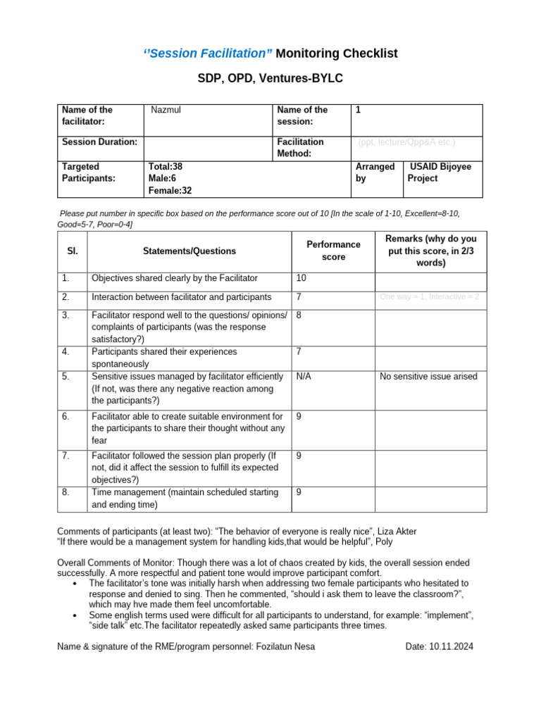 Session Facilitation Monitoring Checklist | PDF | Psychology | Behavioural Sciences