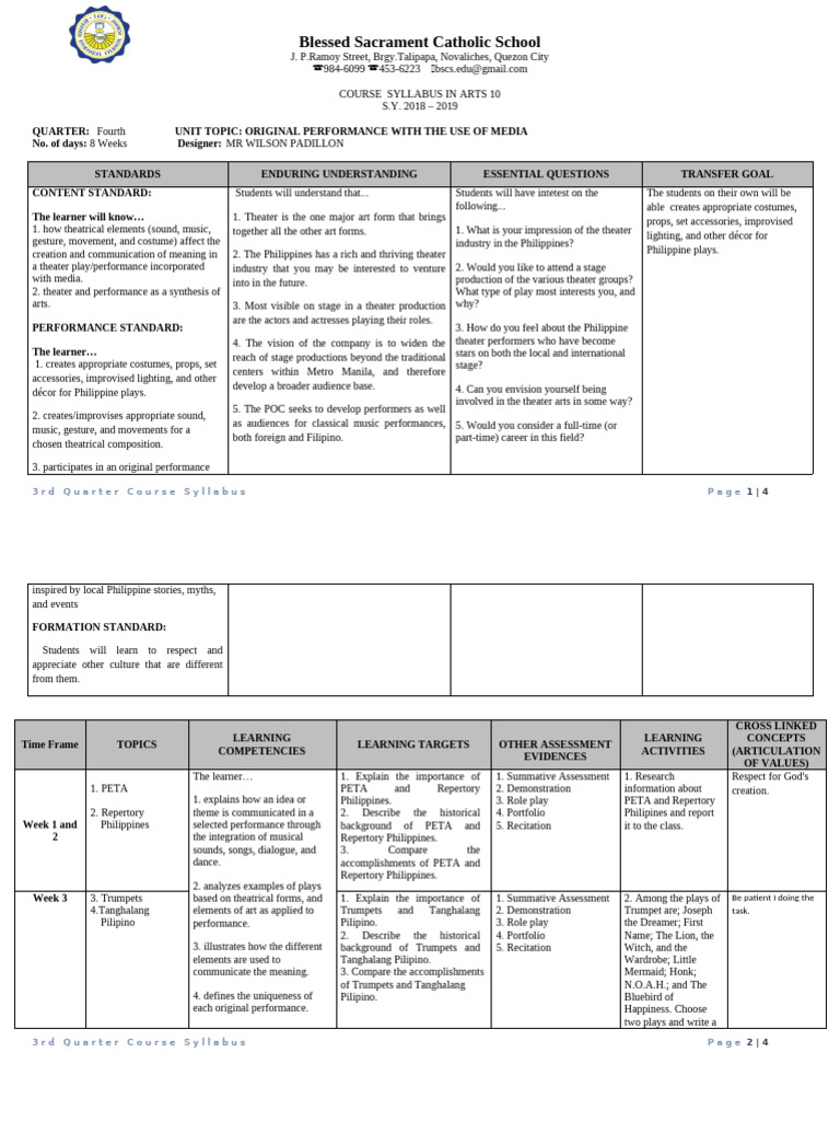 Course Syllabus Arts 10 4th (2018 - 2019) | PDF | Theatre