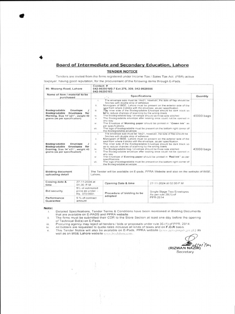 Tender - Envelopes Formate Lahore Board | PDF