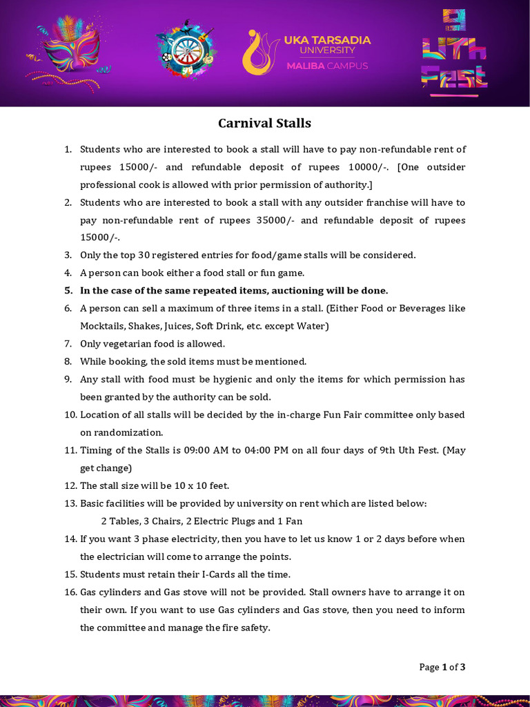 Carnival Stalls Rules - 9th Uth Fest 2025 | PDF