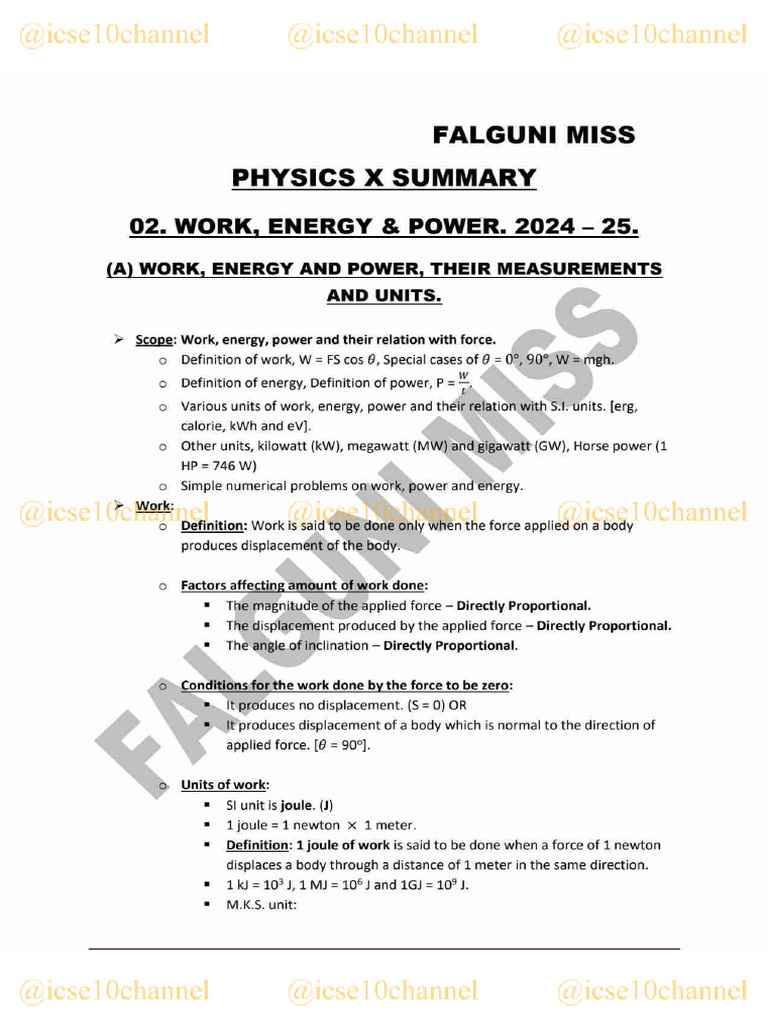 02 PHY ICSE X Work Energy Power | PDF