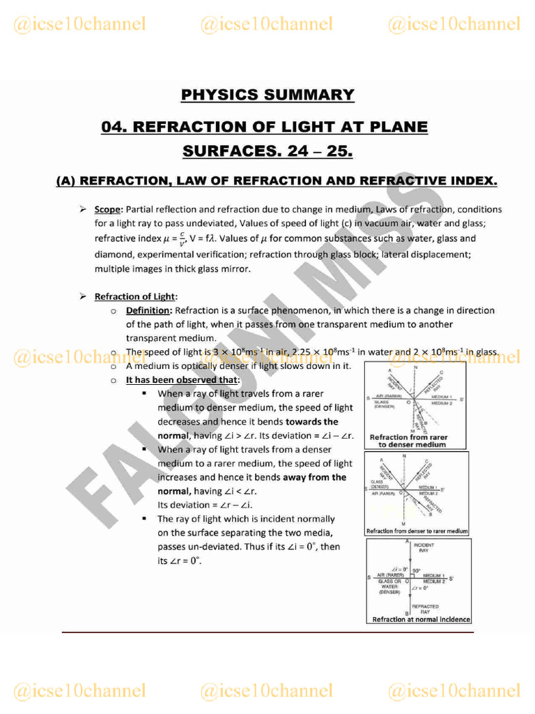 04 PHY ICSE X Refraction of Light | PDF