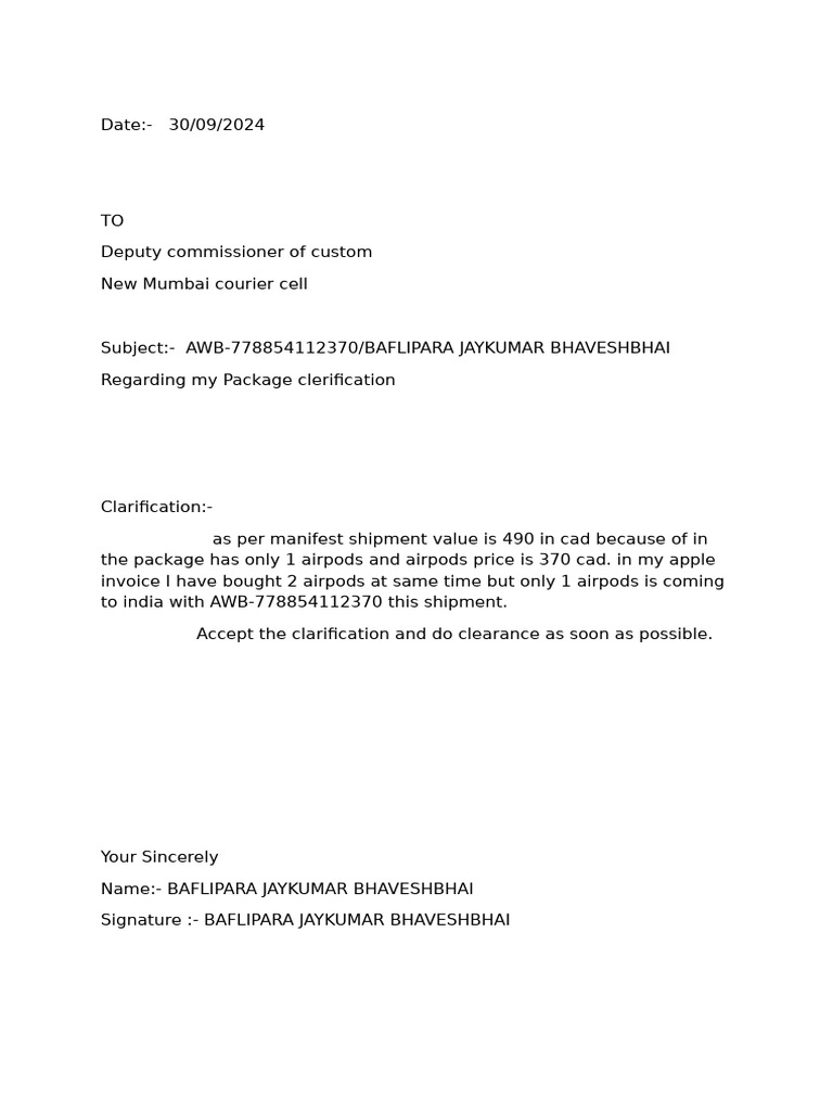 Clarification Letter Format Filled | PDF