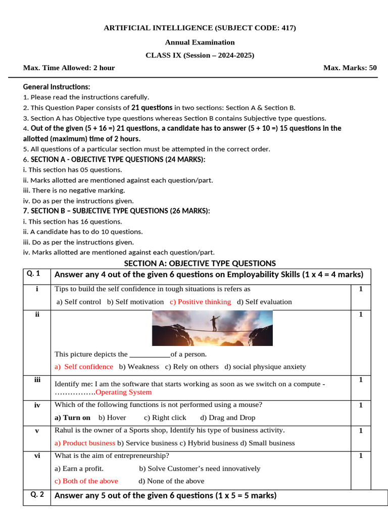 Class 9 AI Annual Exam Question Paper | PDF | Artificial Intelligence ...
