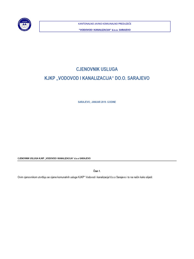 Cjenovnik Usluga KJKP ViK 2019 Kalkulacija Cijene VIK | PDF