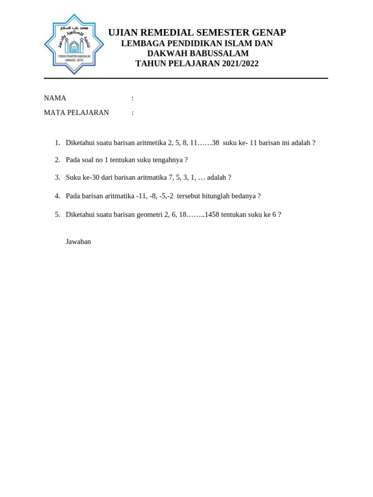 Ujian Remedial Matematika 2021/2022 | PDF