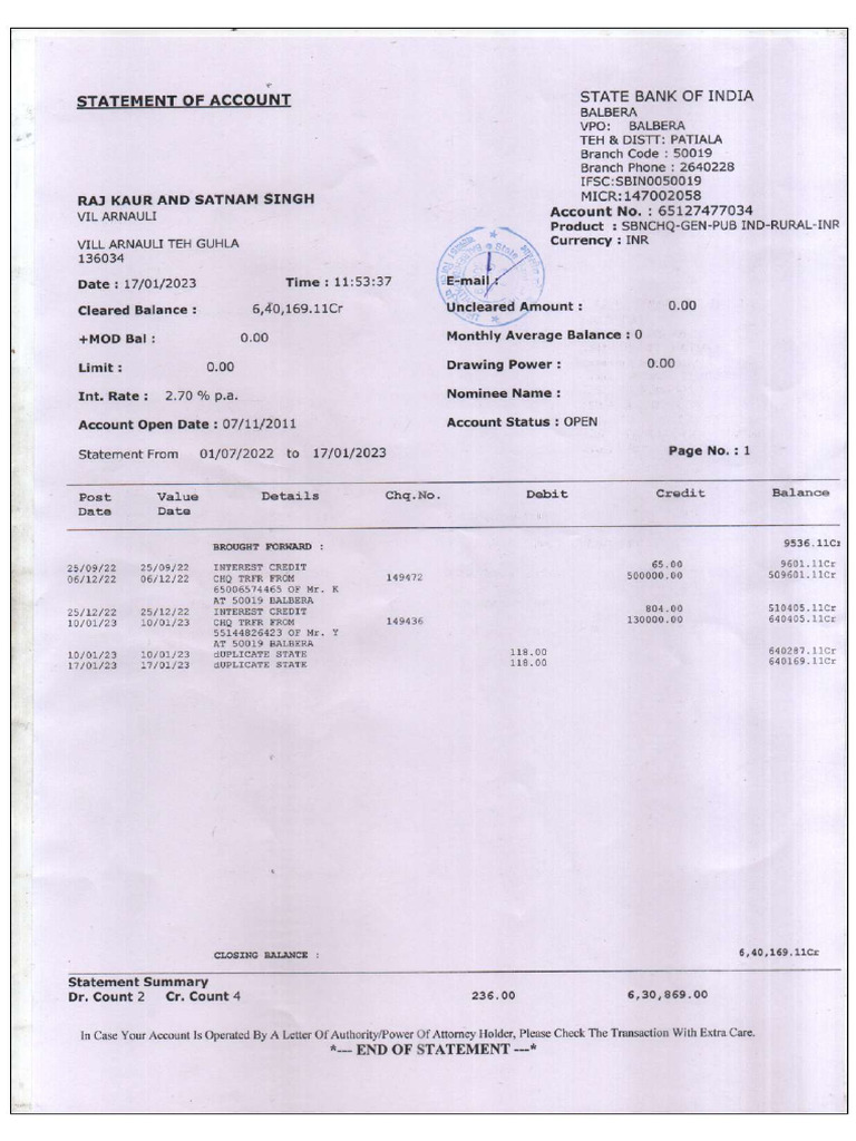 Raj Kaur Statement & Balance Certificate | PDF