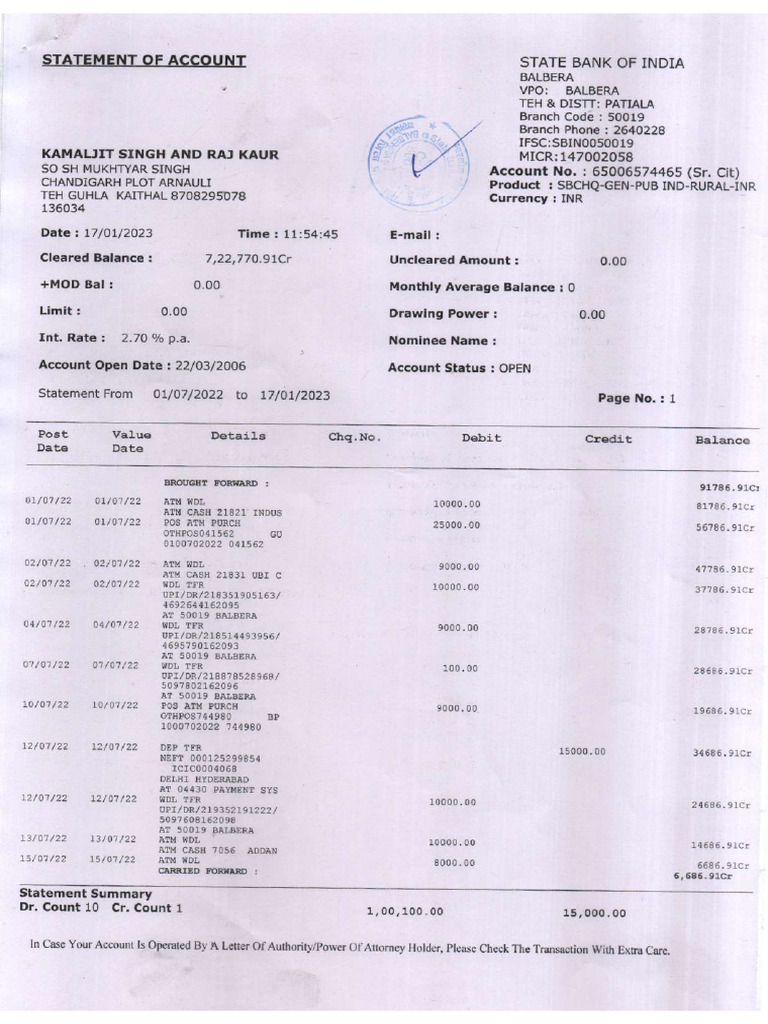 Kamaljeet Singh SBI Bank Statement & Balance Certificate | PDF