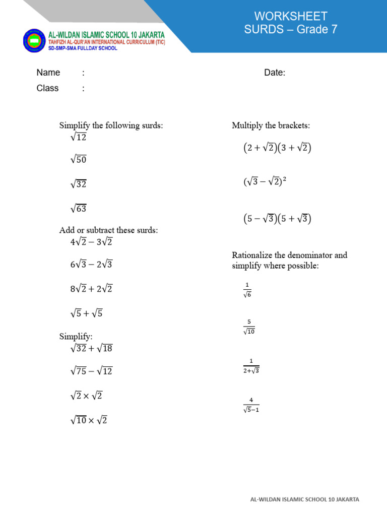 Worksheet Surds Grade 7 | PDF