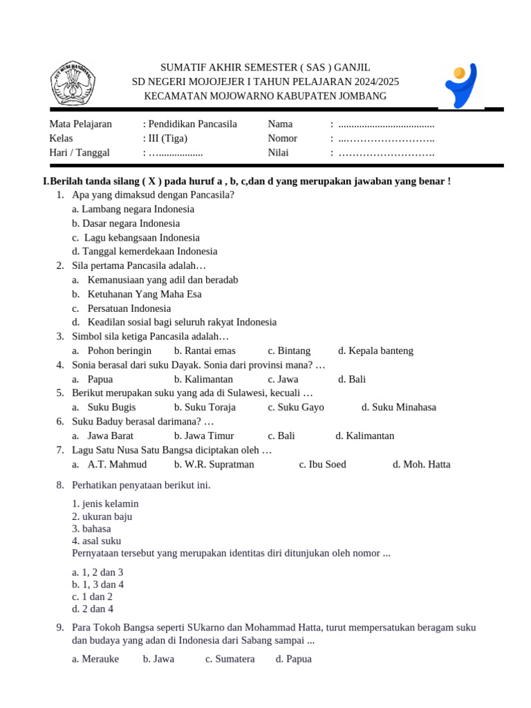 Soal Sas Kelas 3 THN 2024 2025 - Pancasila | PDF