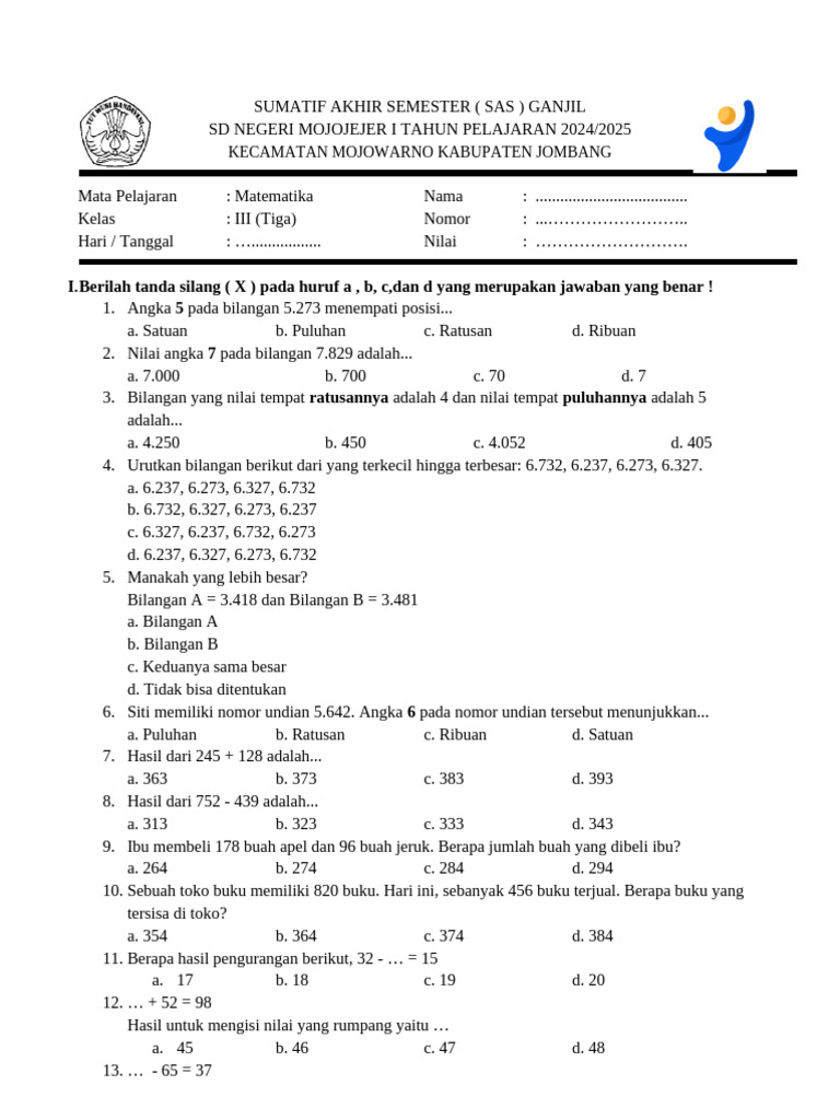 Soal Sas Kelas 3 THN 2024 2025 - Matematika | PDF