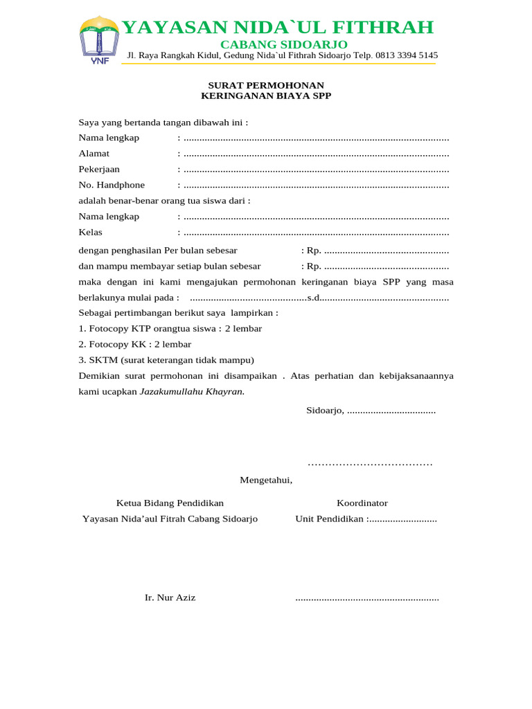 Formulir Permohonan Keringanan Biaya SPP | PDF