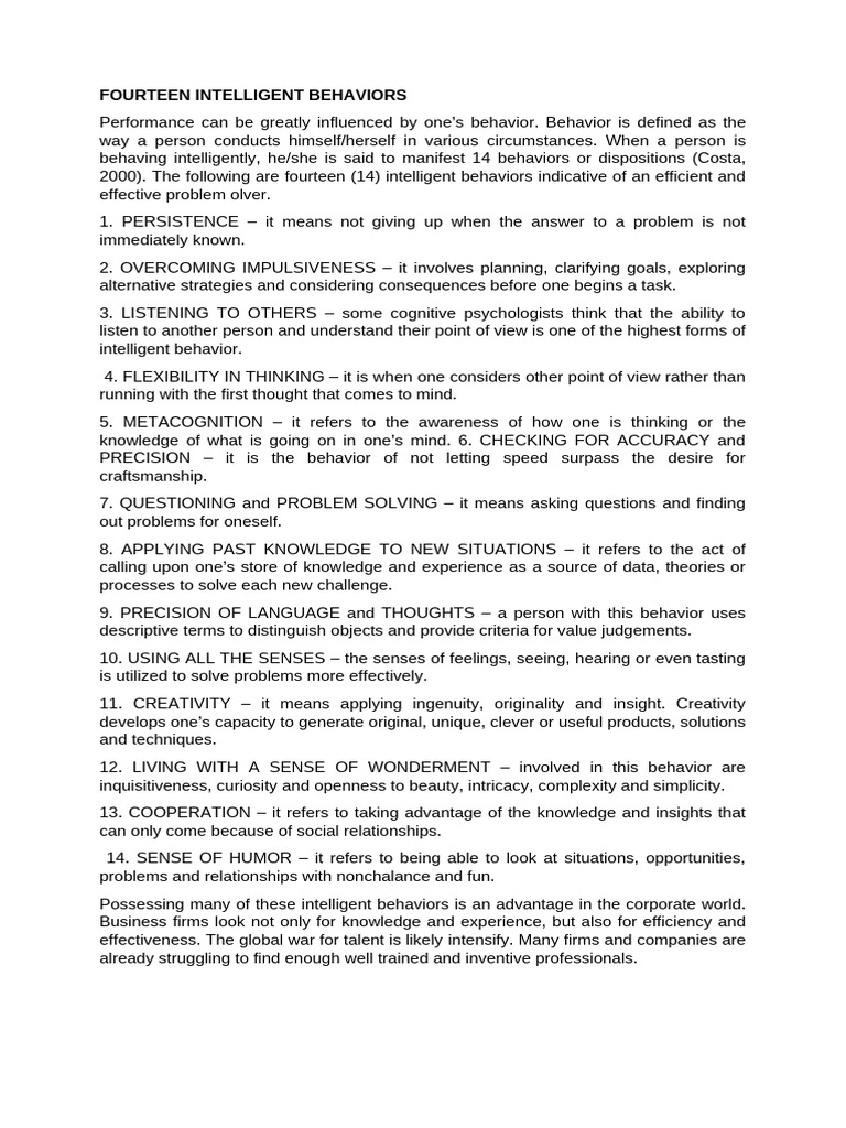 Fourteen Intelligent Behaviors | PDF | Knowledge | Thought