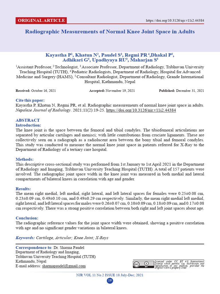 Radiographic Measurements of Normal Knee Joint Space in Adults | PDF ...