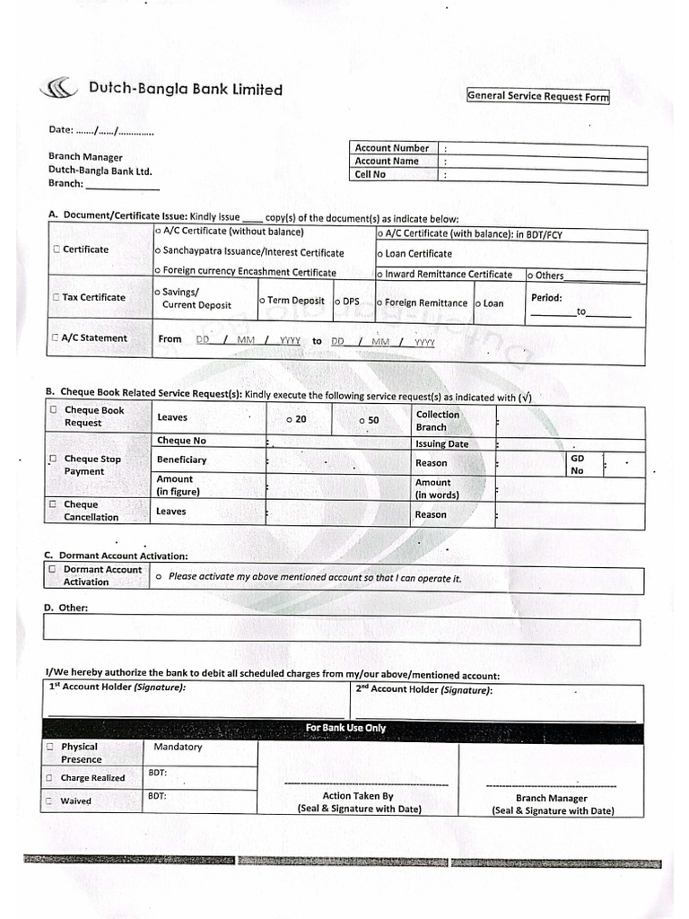 DBBL - General Req & Fund Transfer Req. Form | PDF