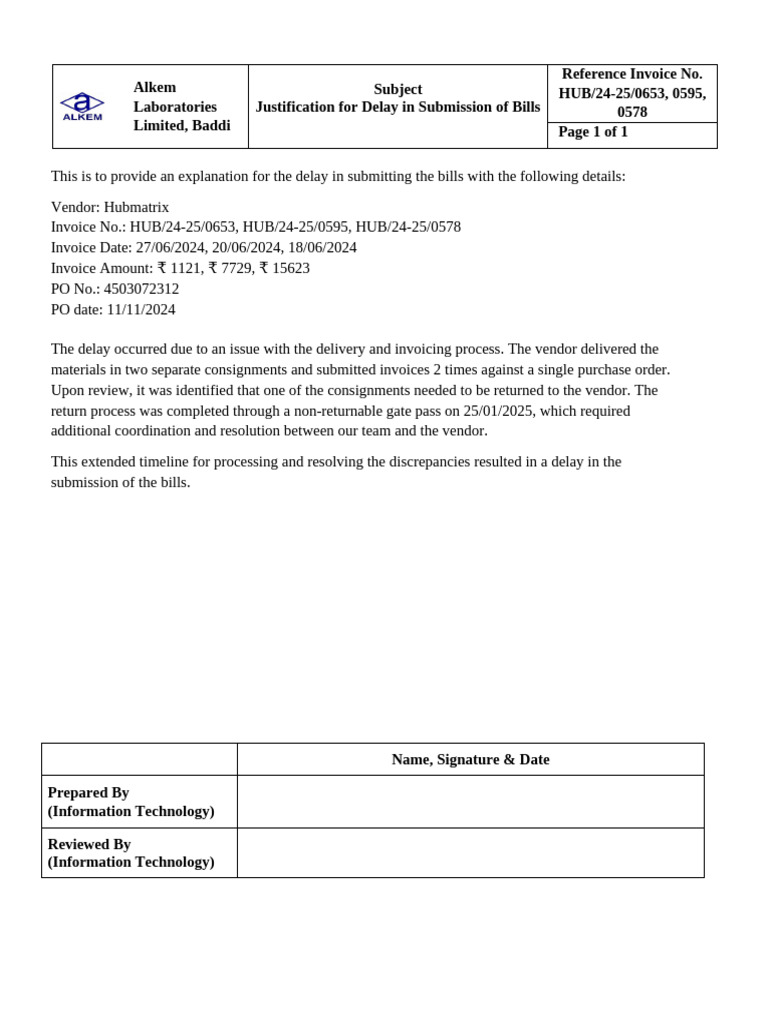 Delay Justification for Invoice submission | PDF