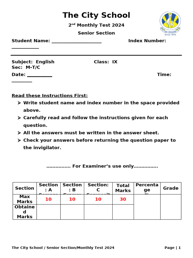 Monthly Test Paper (2) 9 MTC ENGLISH | PDF | Linguistics