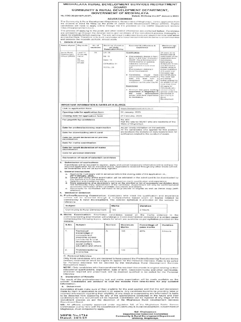 Meghalaya CRDD Recruitment 2025, Junior Rural Development Officer | PDF