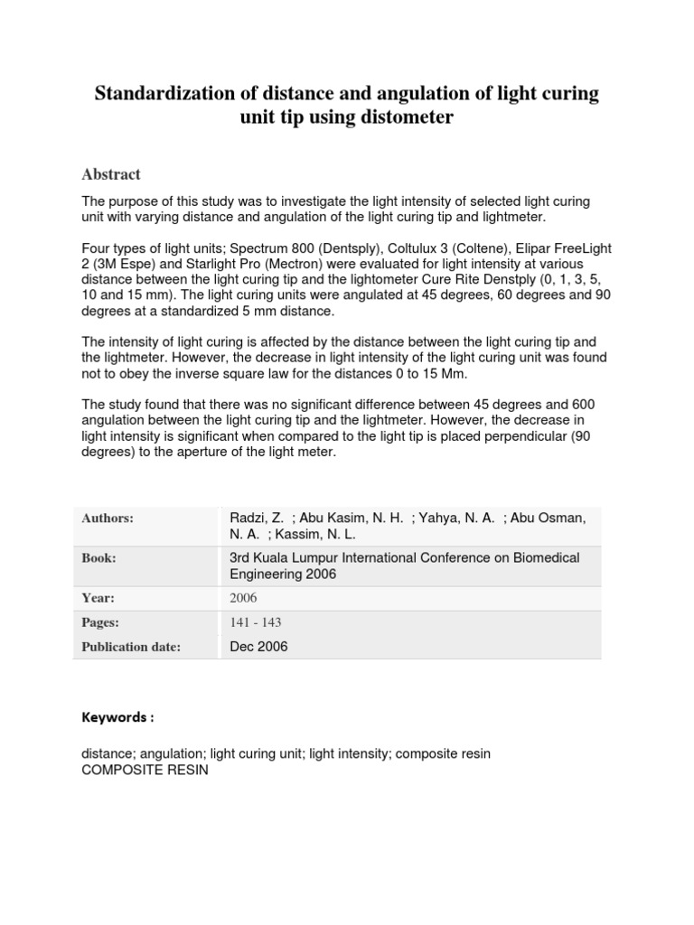 Standardization of Distance and Angulation of Light Curing Unit Tip ...