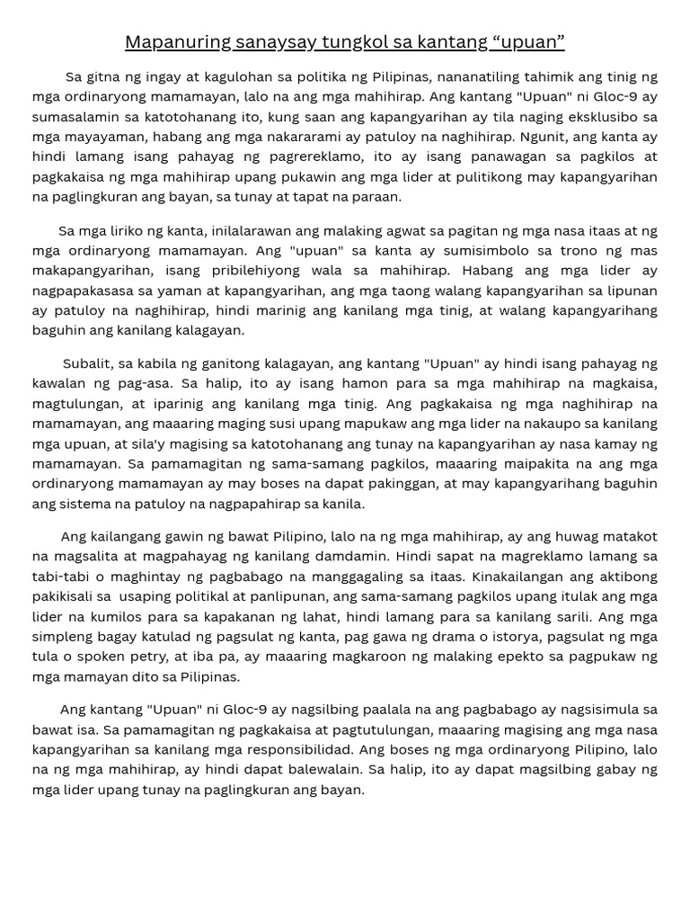 Mapanuring Sanaysay Tungkol Sa Kantang "Upuan" | PDF