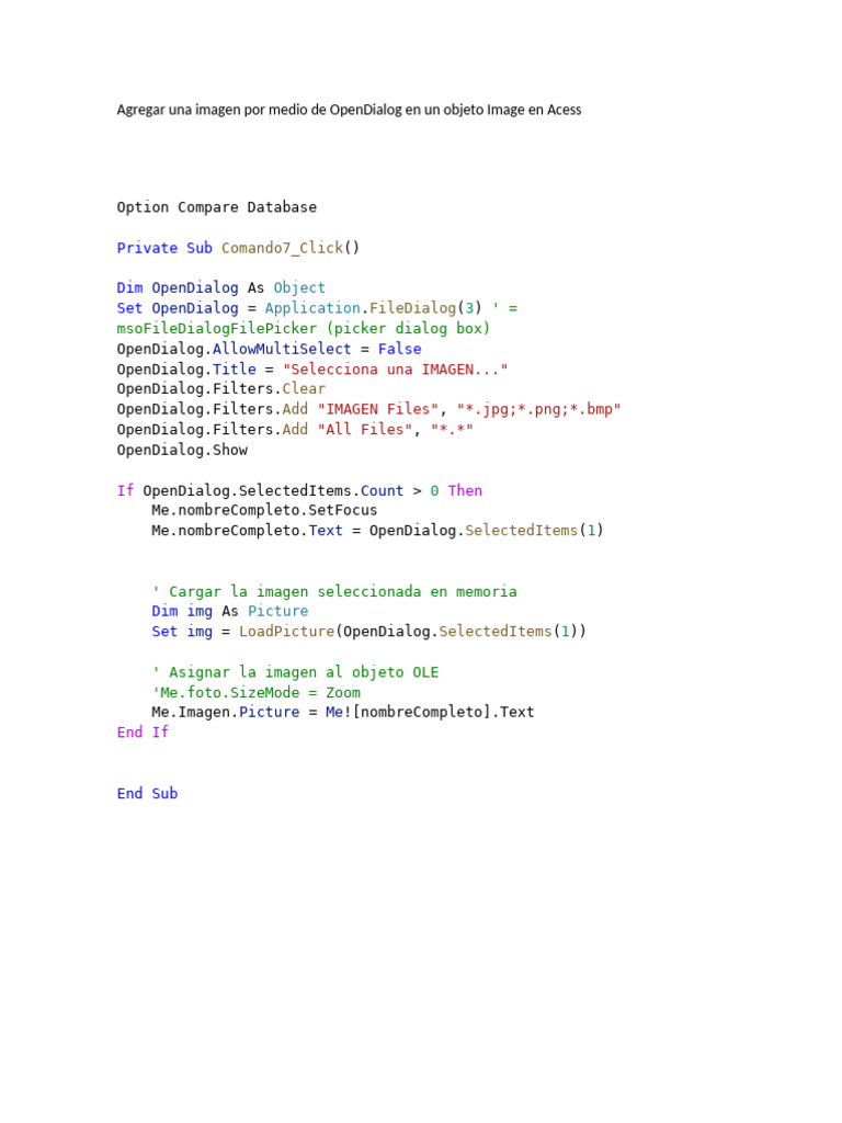 Insertar Imagen en Access con OpenDialog | PDF