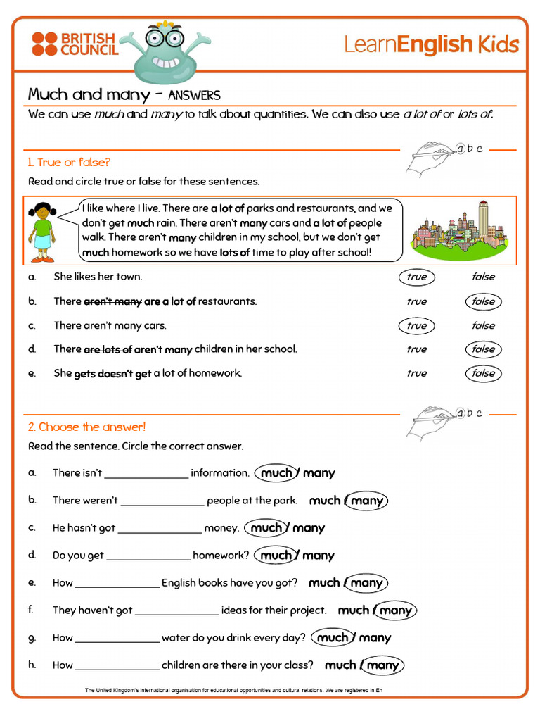 Grammar Practice Much and Many Worksheet Answers | PDF
