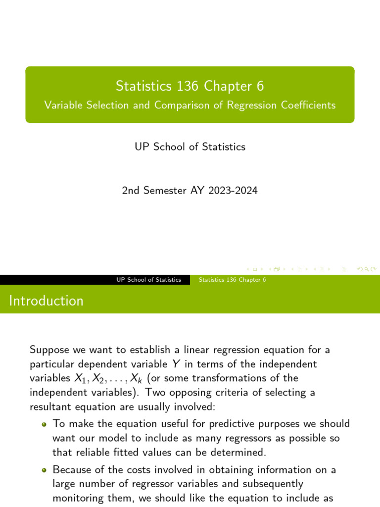 Stat 136 Chapter 6 Variable Selection and Comparison of Regression ... Stat 136 Chapter 6 Variable Selection and Comparison of Regression ...