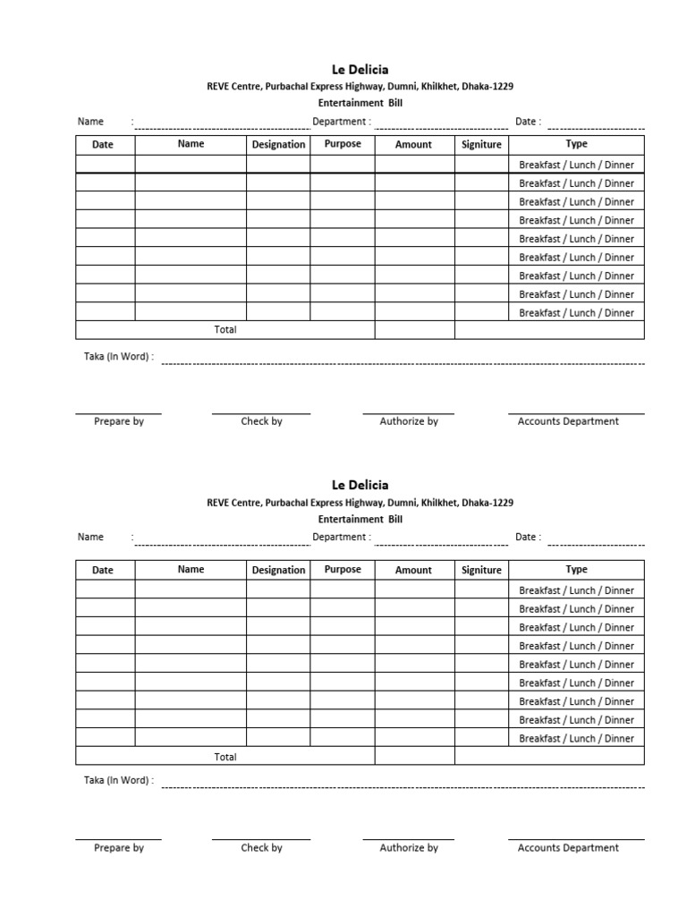 Entertainment Bill | PDF | Lunch | Dinner