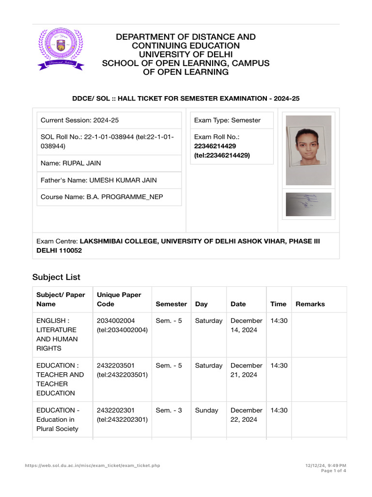 Ddce - Sol - Hall Ticket For Semester Examination - 2024-25 | PDF