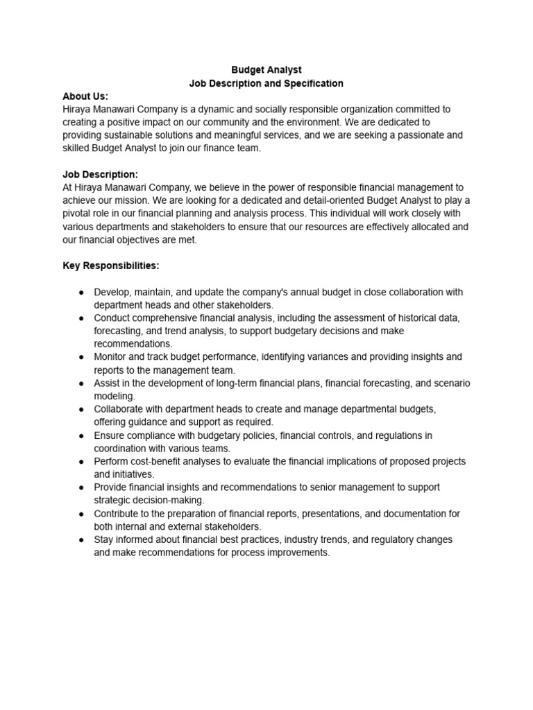 Budget Analyst Job Description | PDF | Budget | Accounting