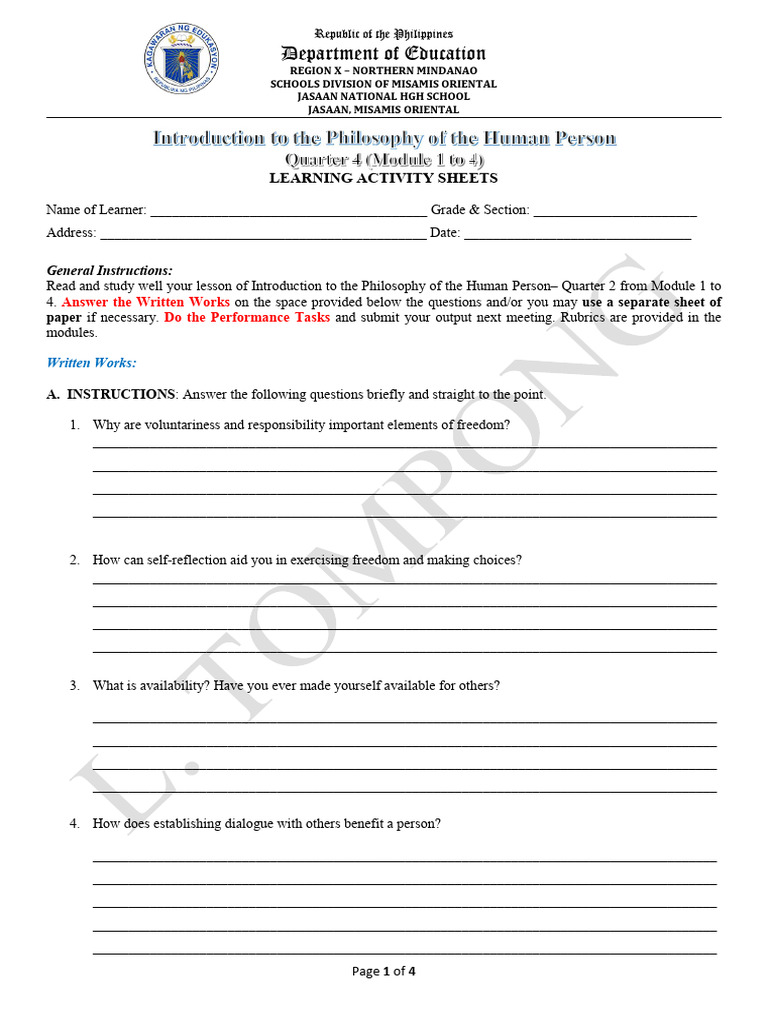 Activity Sheets Philosophy 4th Q 2023 2024 | PDF | Learning | Cognition