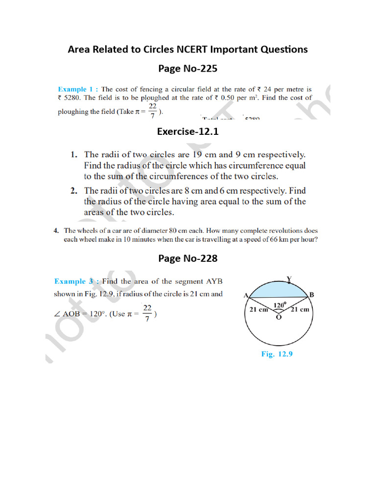 12.area Related To Circles NCERT Important Questions | PDF