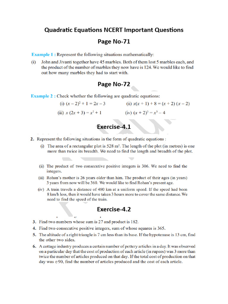 4.quadratic Equations NCERT Important Questions | PDF