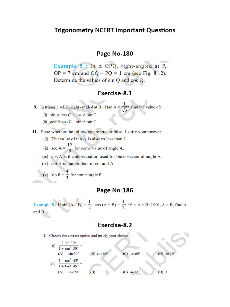 8.trigonometry NCERT Important Questions | PDF