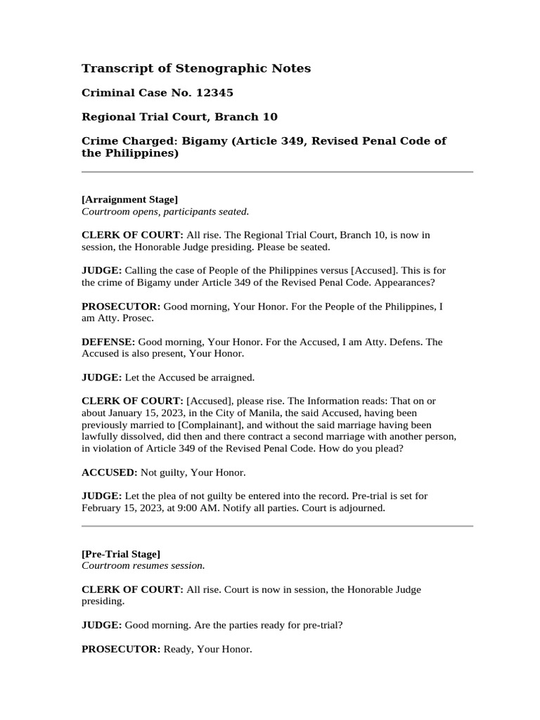 Partial Sample Script BIGAMY | PDF | Arraignment | Prosecutor