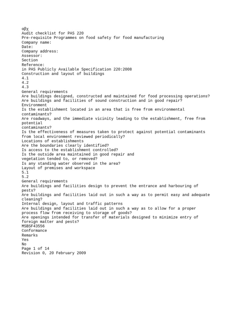 Audit Checklist For Prerequisite Programs in Food Manufacturing | PDF