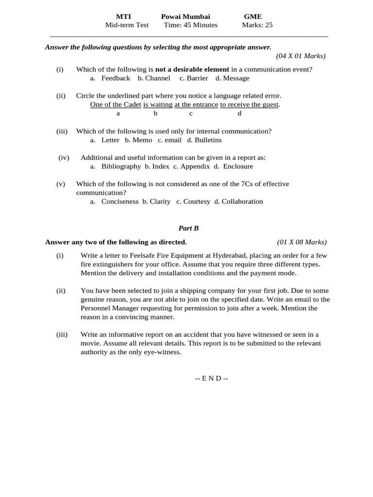 Mid-term Communication Test Questions | PDF