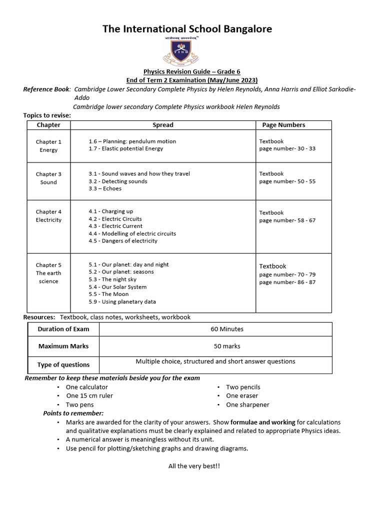 Grade 6 Revision Guidelines For EOT 2 2022-2023 | PDF | Physics | Physical Sciences