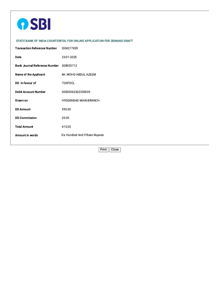 State Bank of India Counterfoil For Online Application For Demand Draft ...