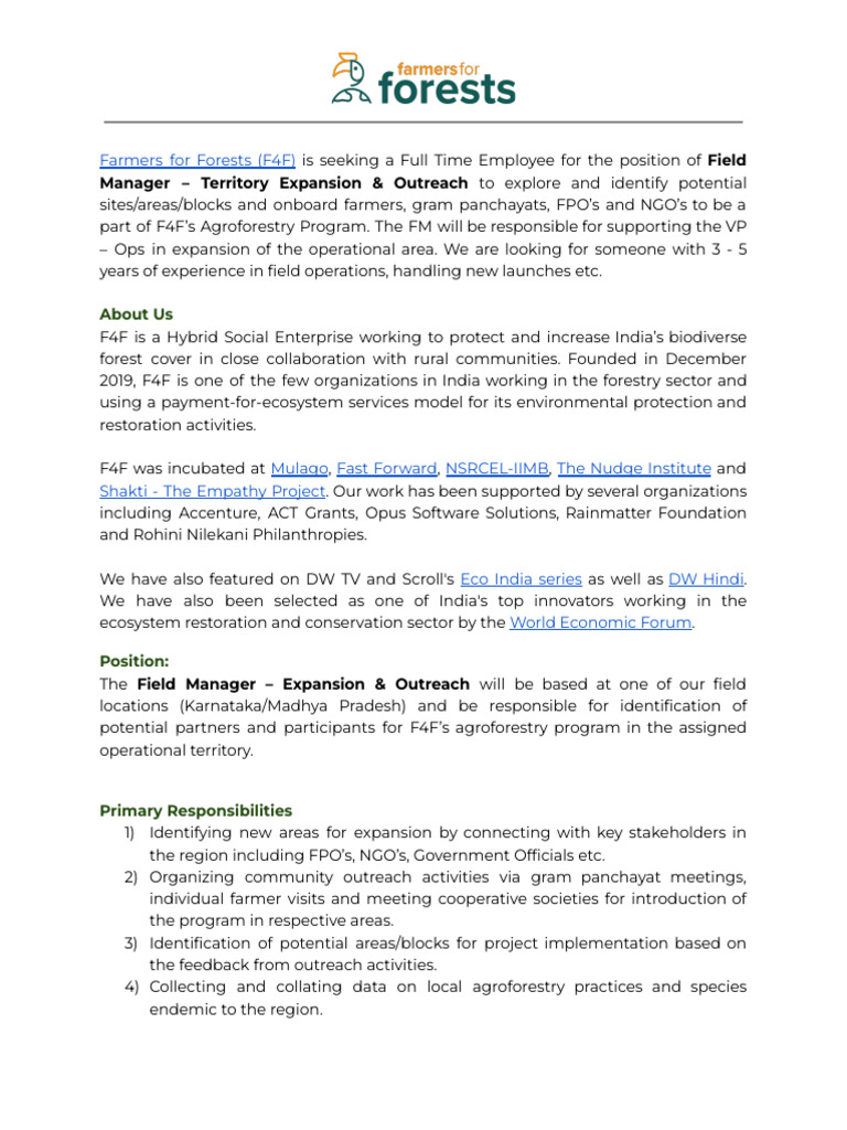 Field Manager Position at Farmers for Forests | PDF