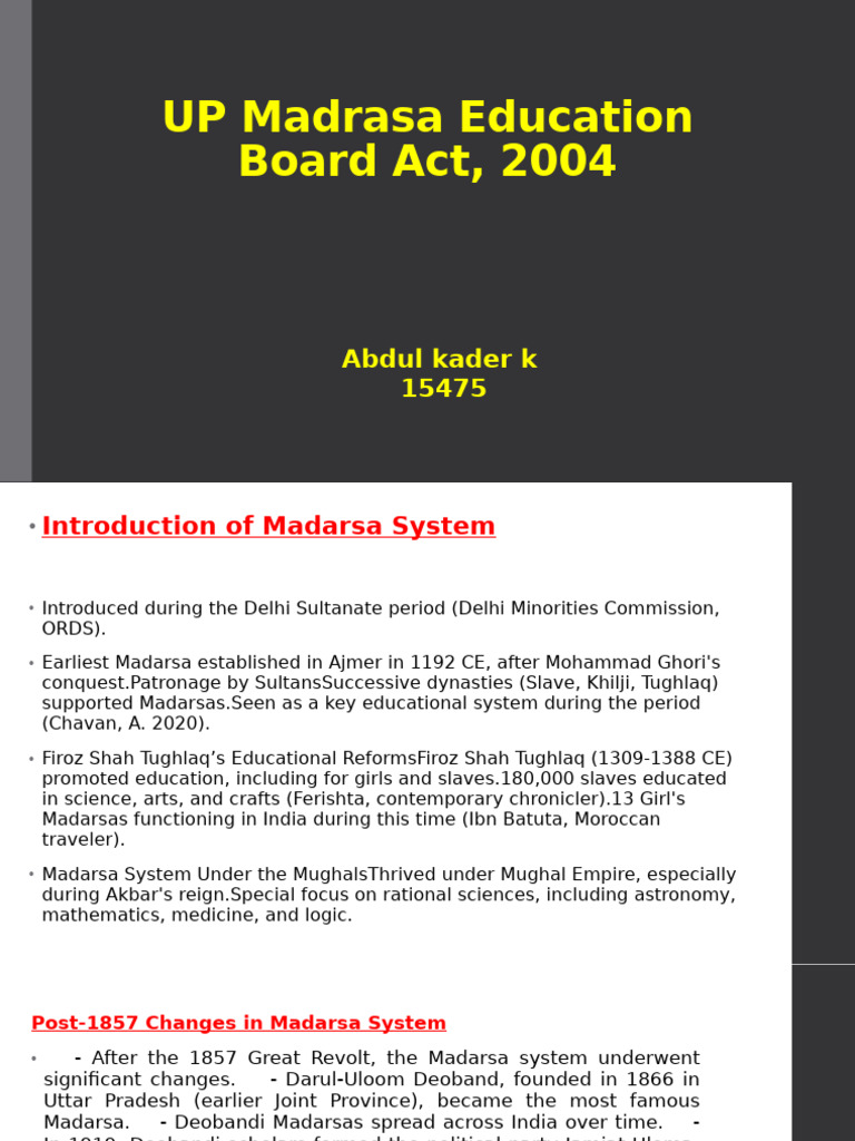 UP Madrasa Education Board Act, 2004: Abdul Kader K 15475 | PDF ...