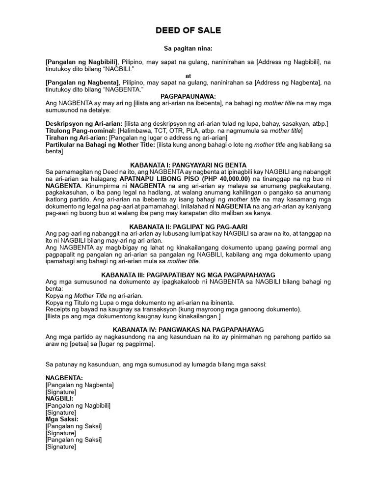 DEED OF SALE Format Tagalog | PDF